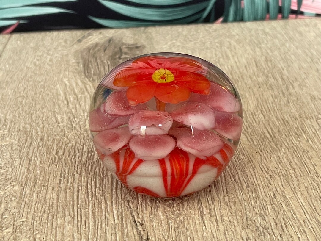 Red and Pink Flower Glass Paperweight - Vintage Home Office Gifts or ...