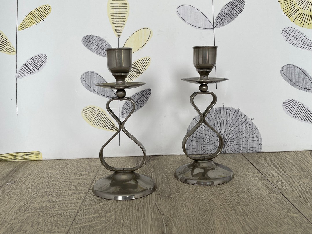 Nineties Aesthetic Silver Colour Candlesticks - Vintage Metal Pair of ...