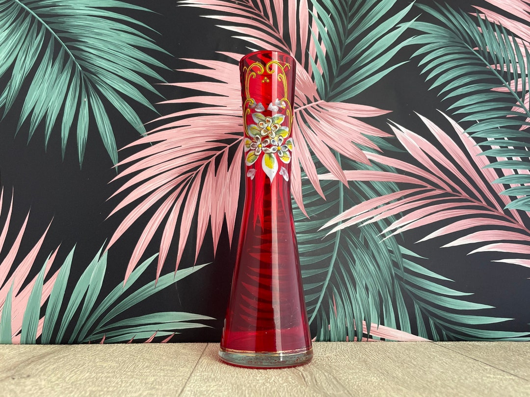 Ruby Red and Gold Glass Vase - Czech Bohemian Flask Shaped Bud Vase ...