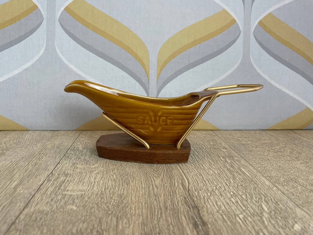 Crown Devon Yellow Sauce Boat With Wynncraft Wooden Stand - Vintage ...