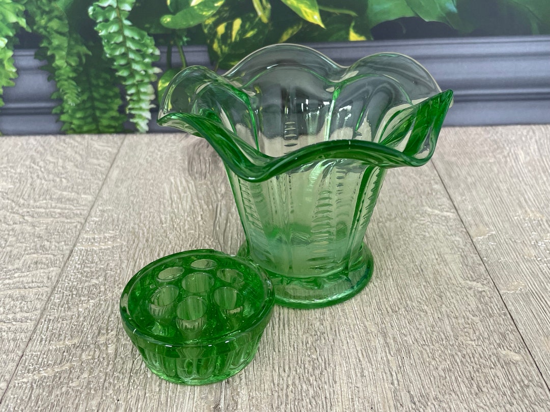 Spring Green Glass Vase With Flower Frog - Small Glass Vase for Flowers ...