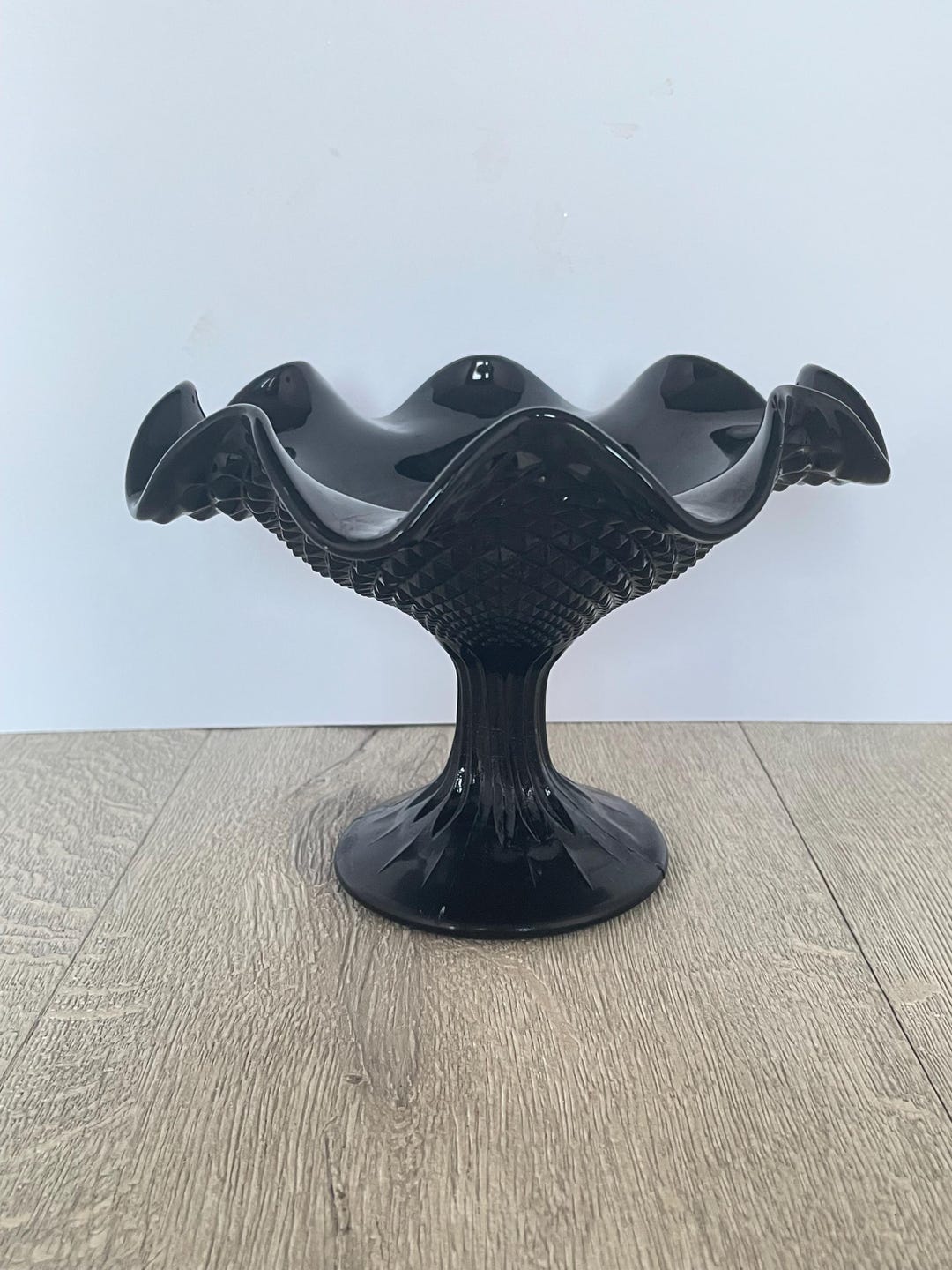Black Glass Compote or Candy Pedestal Dish With Diamond Pattern and ...