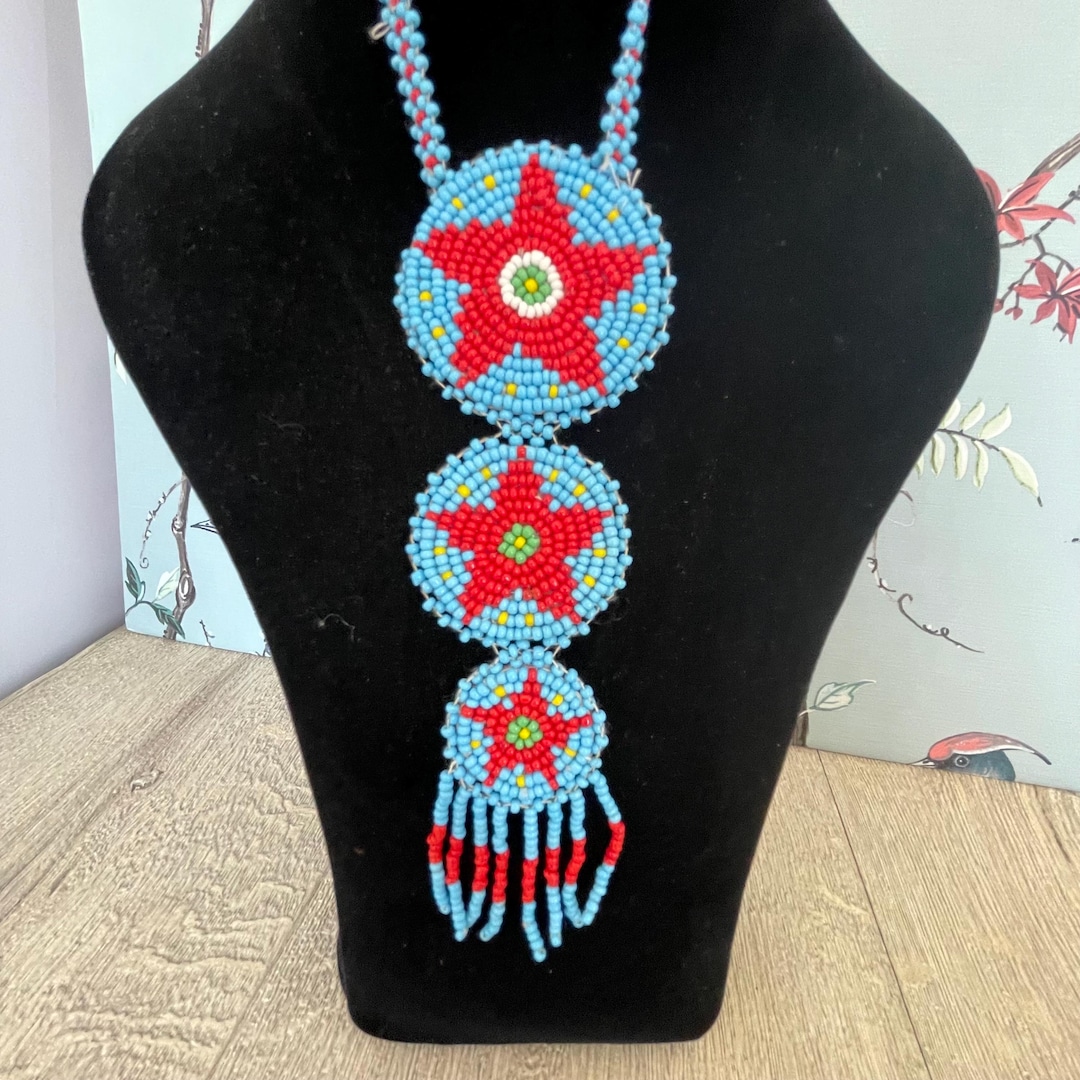 Hand Beaded Native American Necklace – Turquoise & Red Flower With ...
