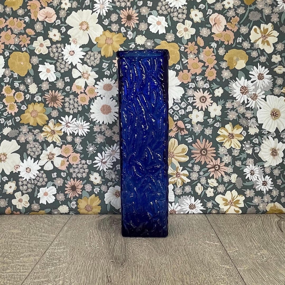 Vintage MCM Cobalt Blue Glass Vase – Square Bark Texture, Modernist ...