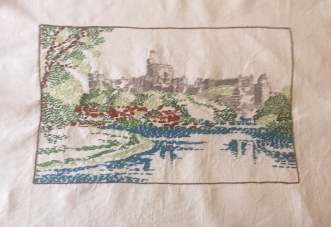 Hand Embroidered Castle Picture - Vintage Wall Art to Frame - Craft ...