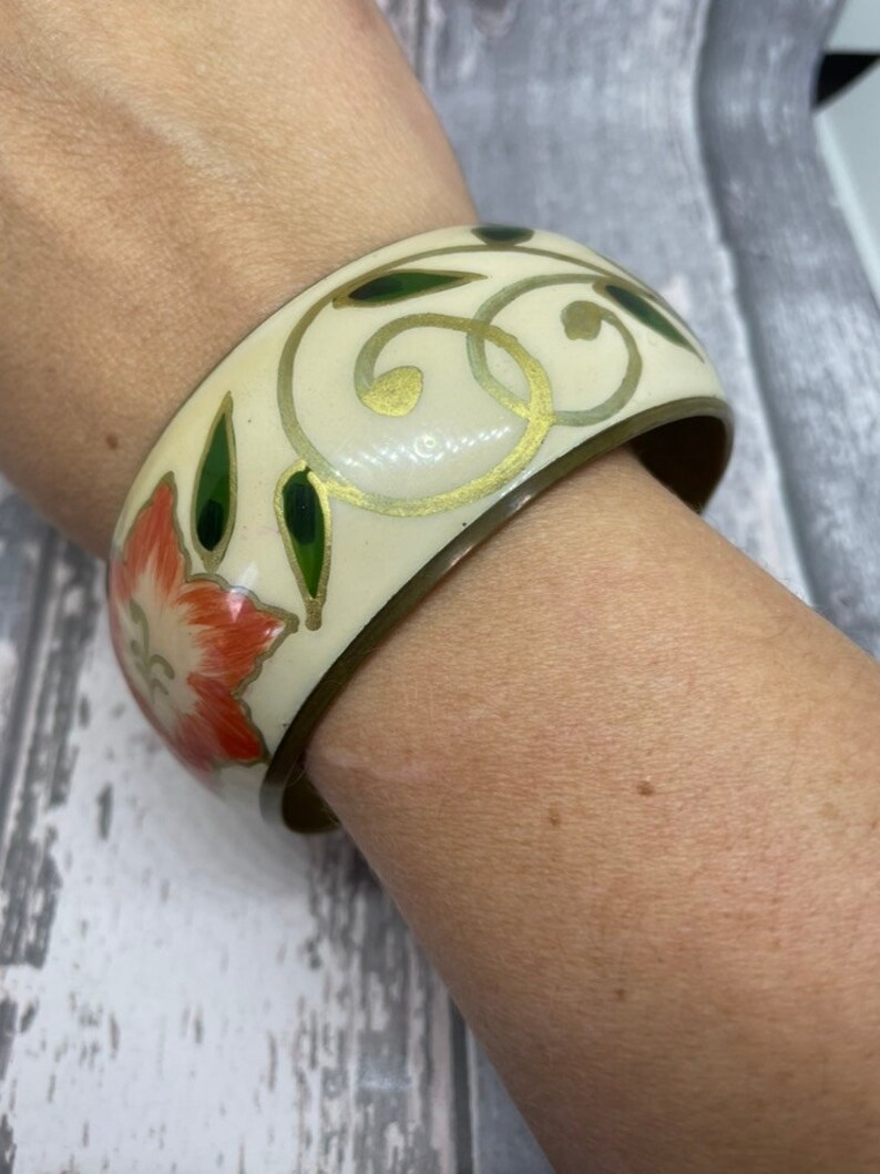 Wide Brass Lily Bangle Metal With Flower Pattern Bangle - Etsy