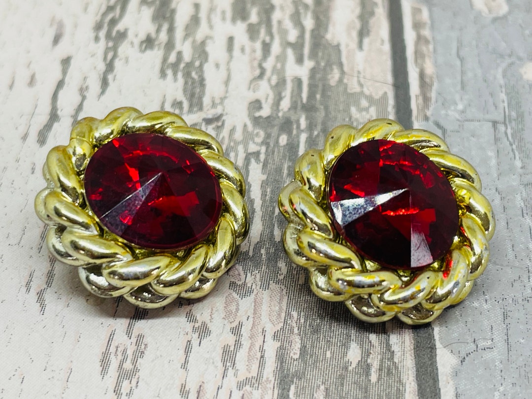 Large Round Ruby Red Rhinestone Clip on Earrings Vintage Eighties Earrings for Women - Etsy
