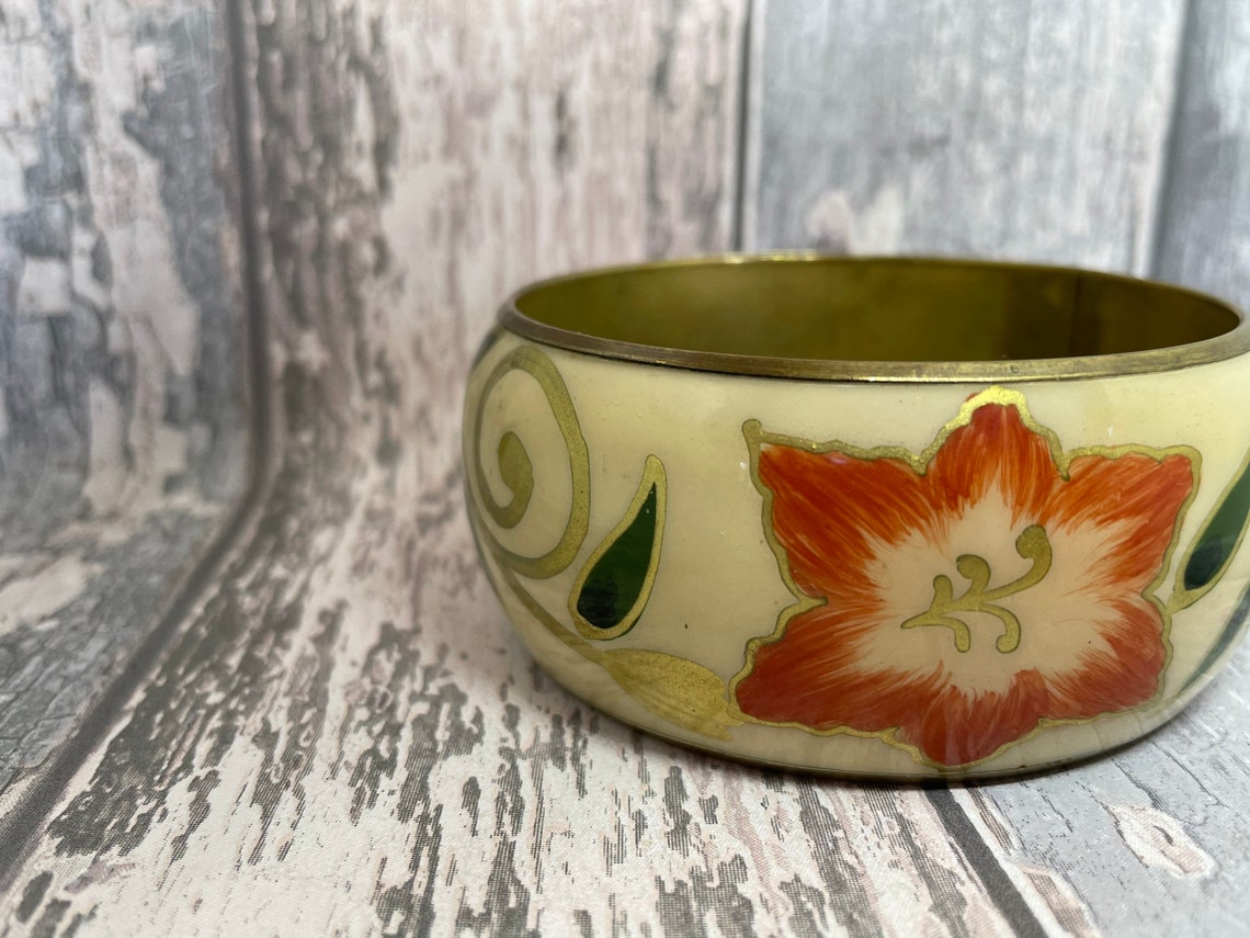 Wide Brass Lily Bangle Metal With Flower Pattern Bangle - Etsy