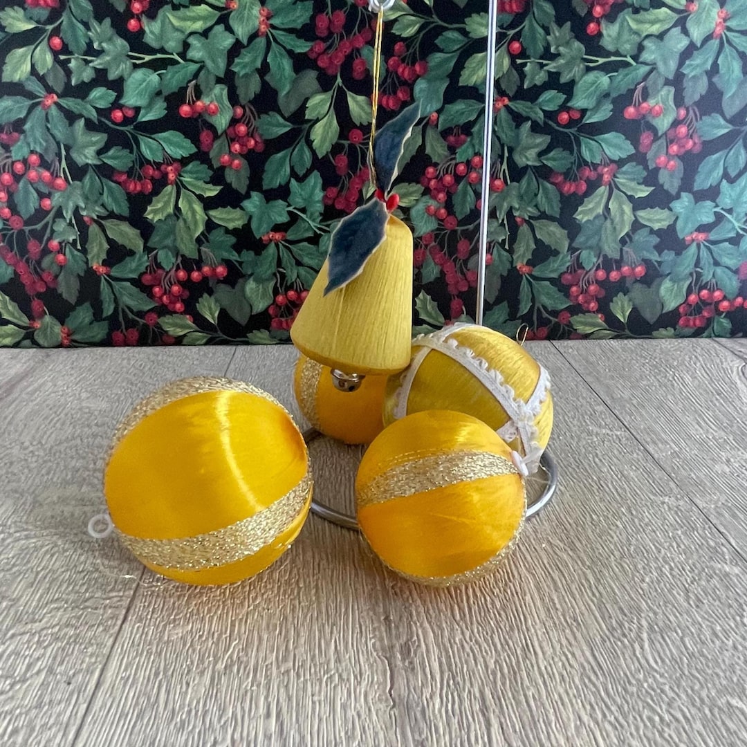 Yellow Spun Satin Bauble Set – Includes Bell & Braided – 80s Christmas ...