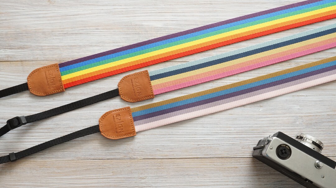 Rainbow Stripe DSLR Camera Strap With Leather Ends, Binoculars Sling ...