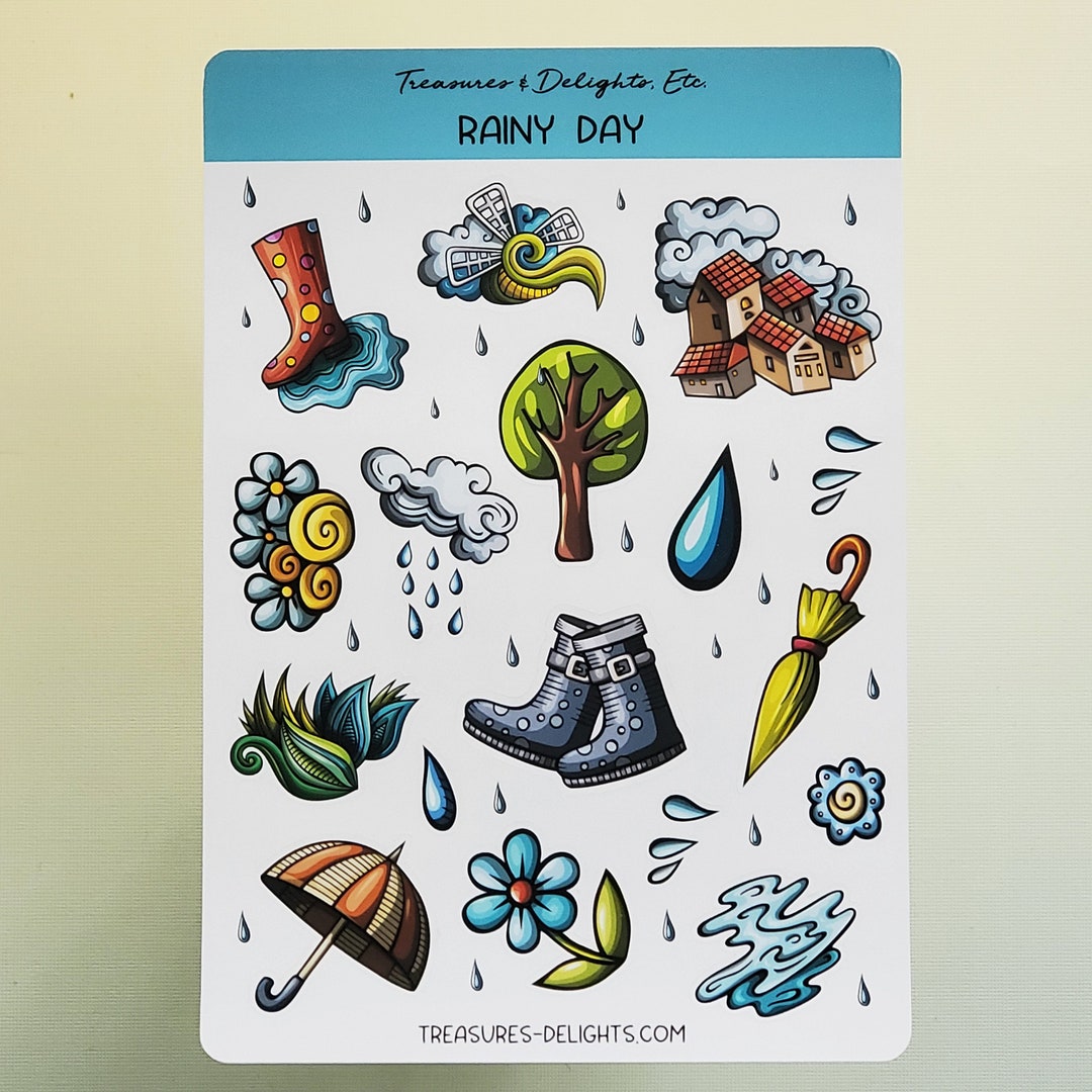 Rainy Day Sticker Sheet, Weather Stickers, Rain Stickers, Rain Boots ...