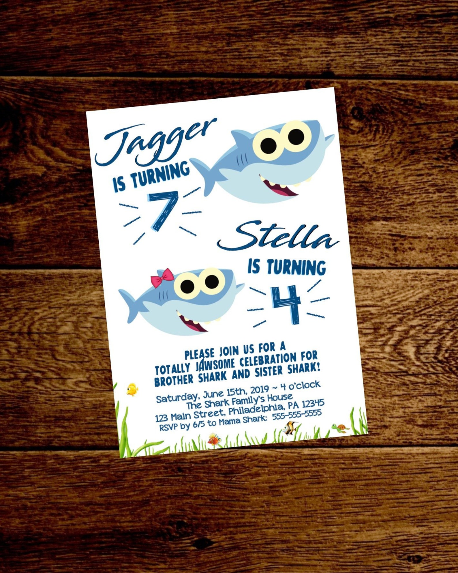 Baby Shark brother sister birthday invite. Siblings birthday. | Etsy