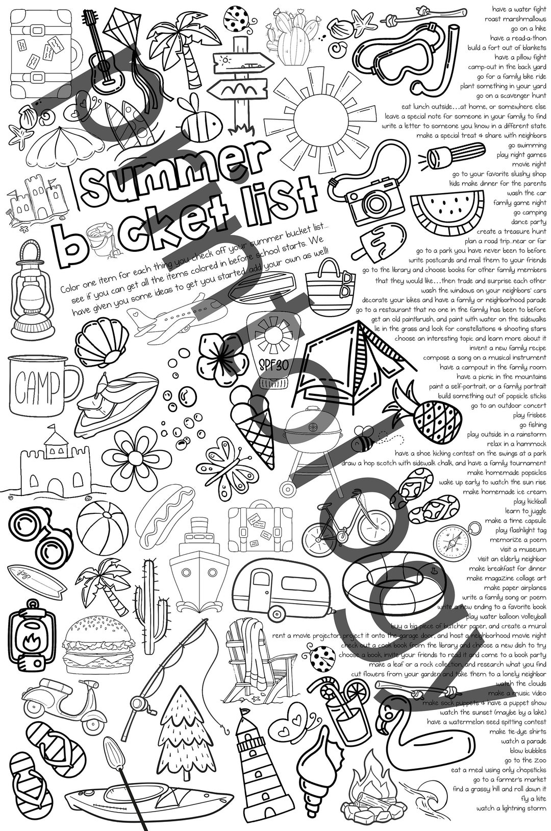 Summer Bucket List Giant Coloring Sheet Instant Download - Etsy