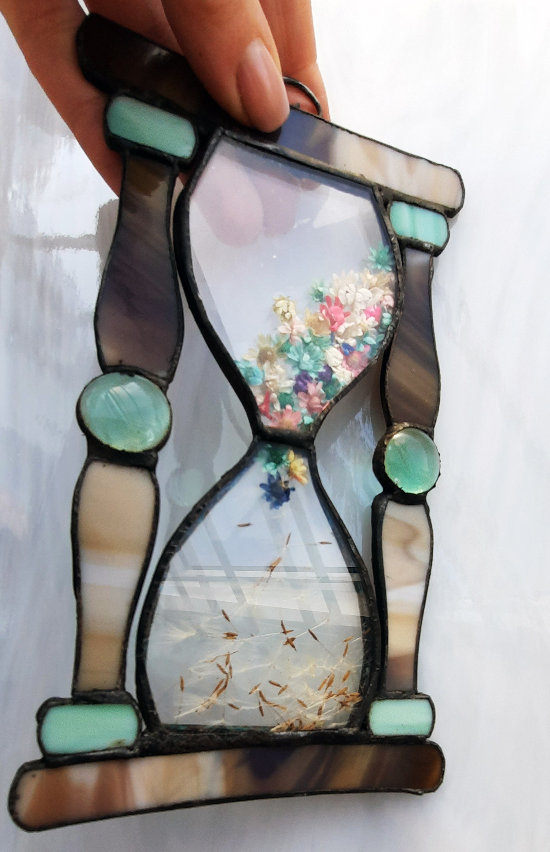 Stained Glass Hourglass Suncatcher Window Hanging Herbarium Etsy