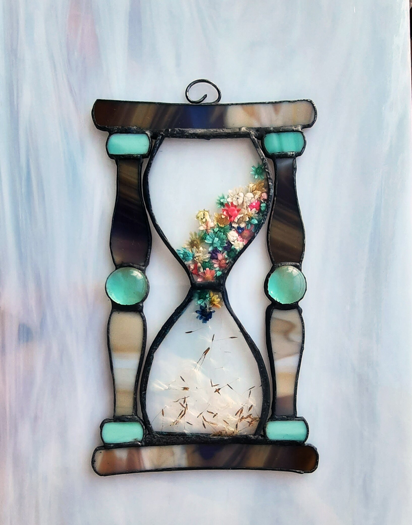 Stained Glass Hourglass Suncatcher Window Hanging Herbarium Etsy