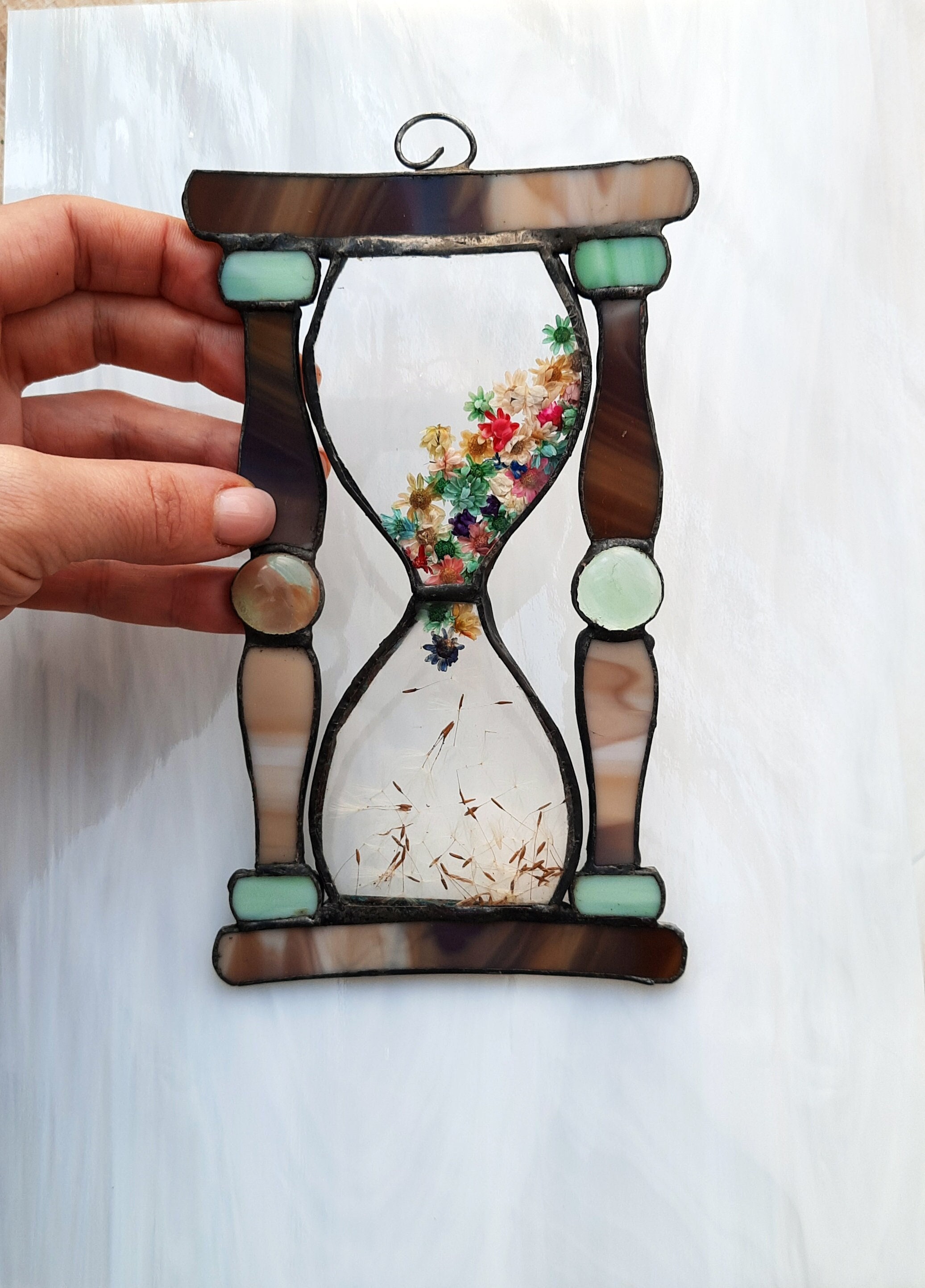 Stained Glass Hourglass Suncatcher Window Hanging Herbarium Etsy