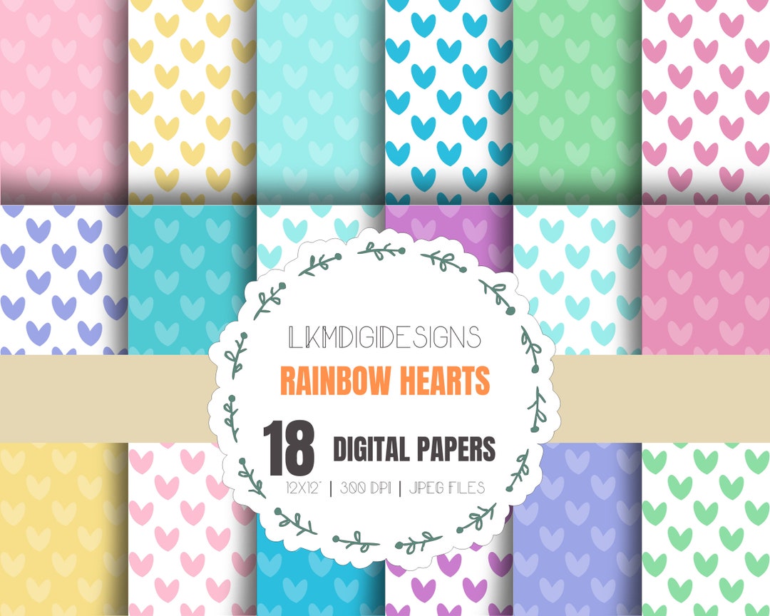 Rainbow Hearts Patterns Digital Paper | Hearts Patterns Paper | Love ...