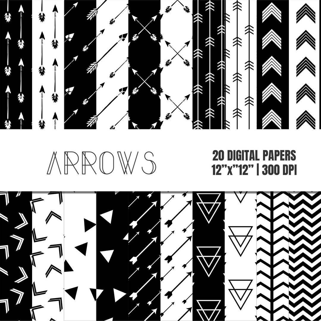 Black and White Arrows Digital Paper | Geometric Patterns (12x12" JPEG ...