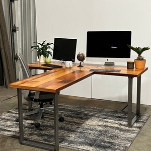 Two Piece T-shaped Desk. Reclaimed Wood Desk. Wood and Steel Desk ...