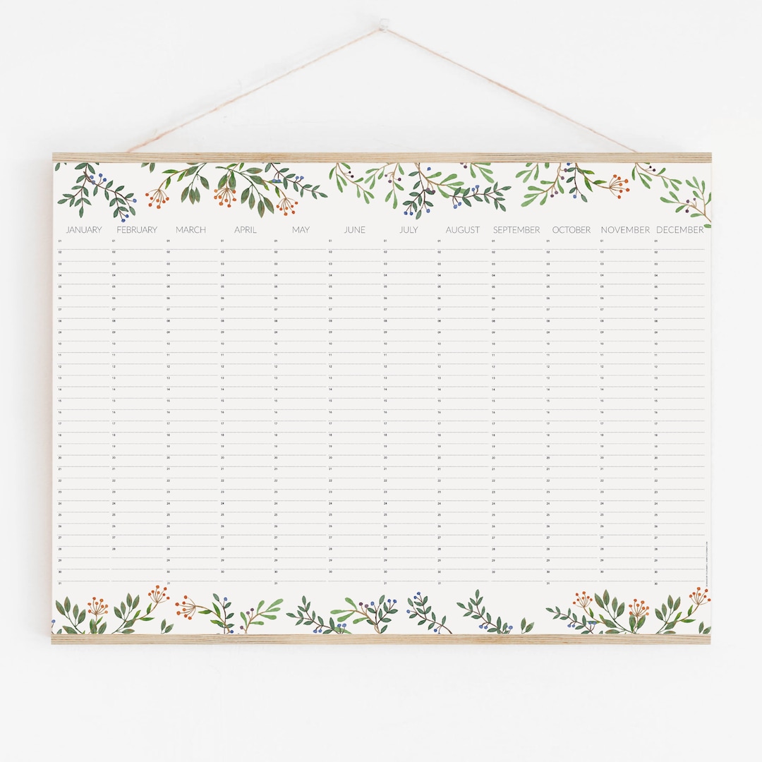 Perpetual Birthday Calendar, Wall Planner Botanical - Leaves Green ...
