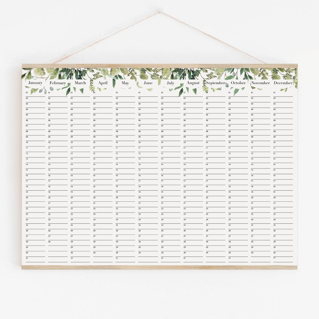 Perpetual Birthday Calendar, Wall Planner Botanical - Leaves Green ...