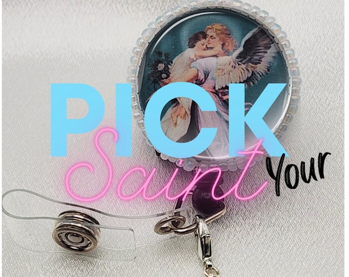 Pick Your Patron Saint & St Benedict Medal Glass ID Badge Reel Holder ...