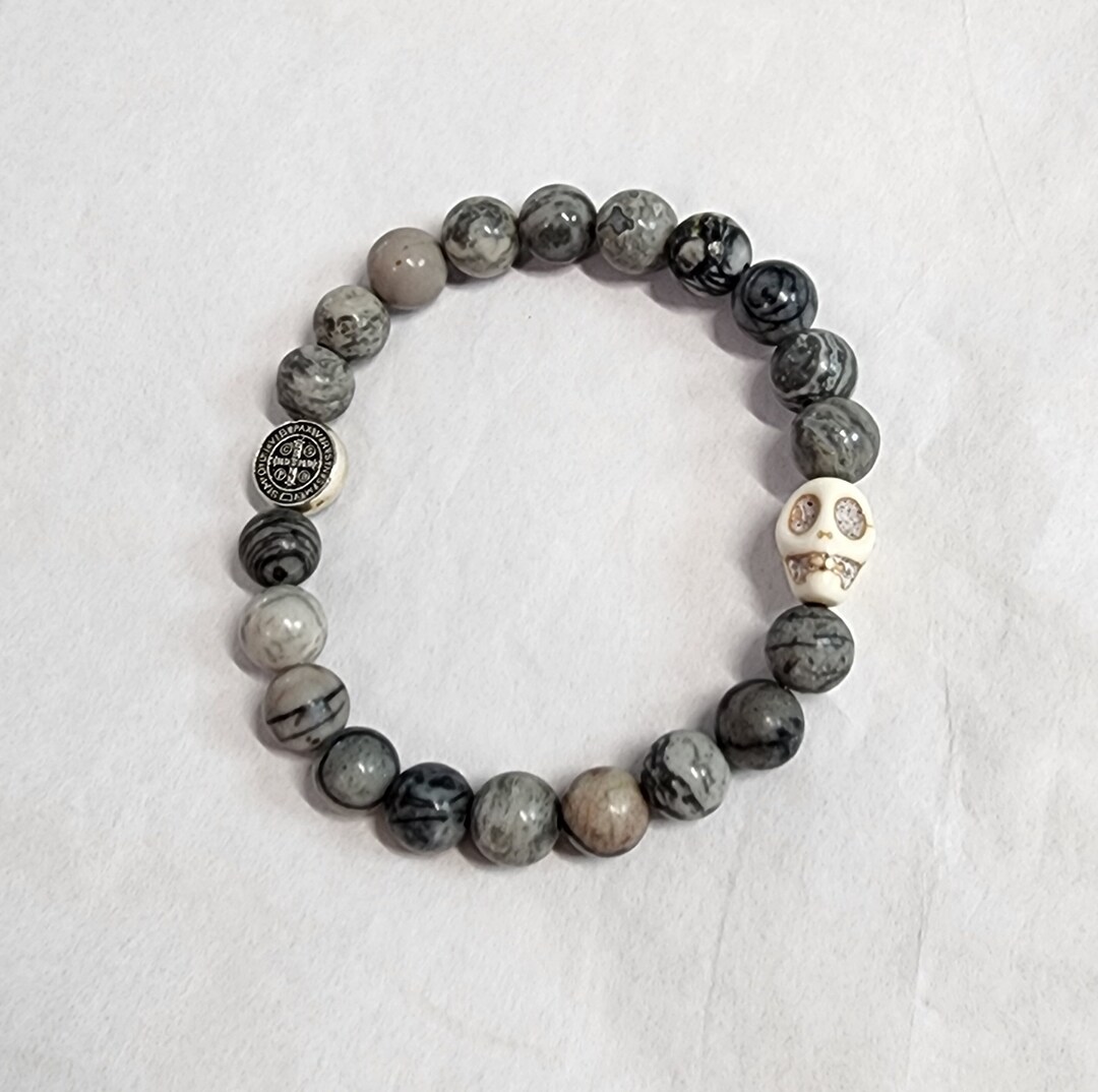 Grey Stone Memento Mori Skull & St Benedict Medal Stretch Bracelet ...