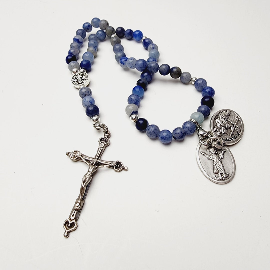 Handmade Blue Catholic Rosary With St Benedict Medal, St Christopher ...