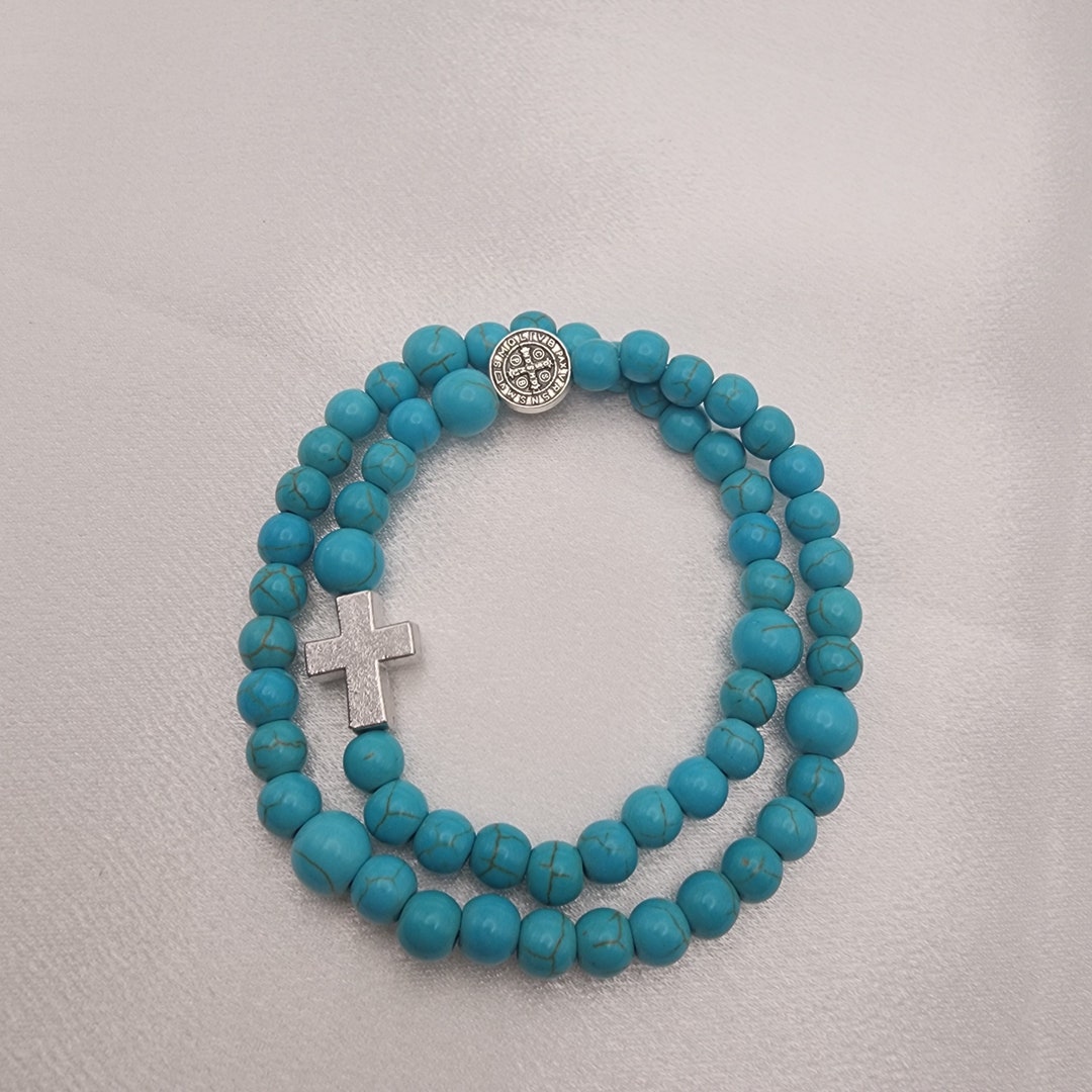Turquoise Blue St. Benedict Full Rosary Bracelet - Stretch & Wrap ...