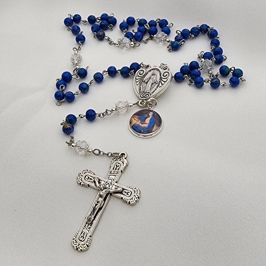 Our Lady of Sorrows Blue Rosary W/ Miraculous Medal Catholic Handmade ...