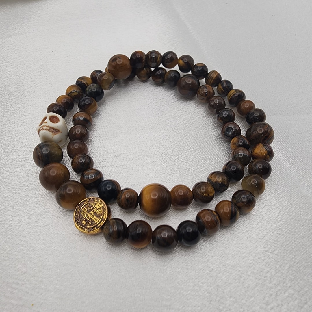 Memento Mori Scull Tiger Eye Benedict Full Rosary Bracelet Stretch ...