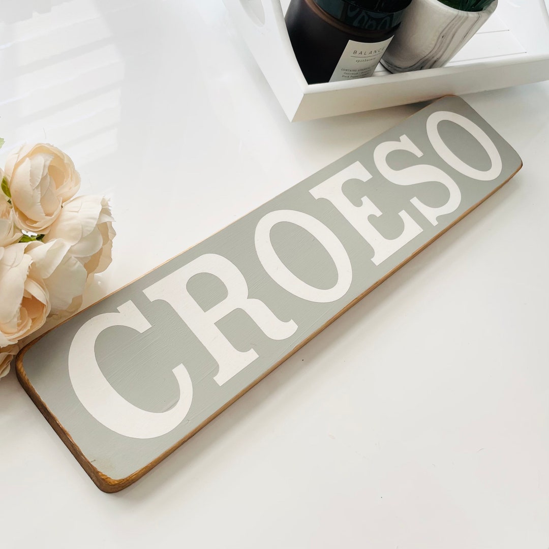 Welcome, Croeso, Welsh Greeting, Modern Grey & White Design Handmade ...