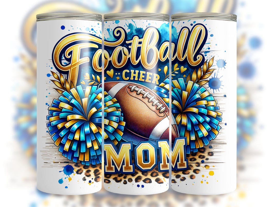 Football Cheer Mom Tumbler Wrap PNG, Blue Gold Cheer Pom Design ...