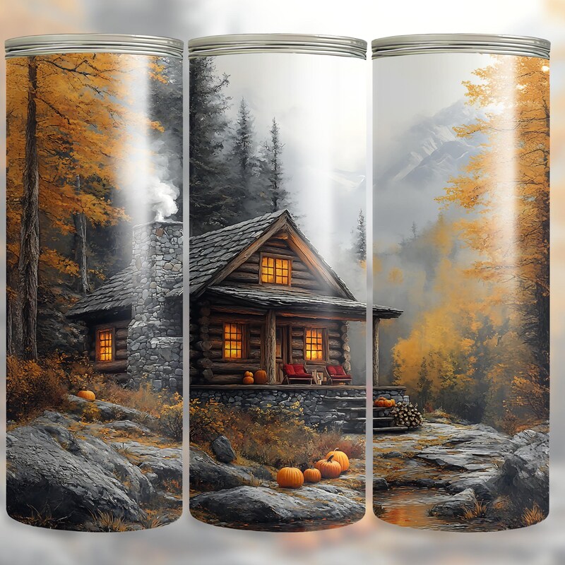 Fall Log Cabin Landscape Art - Etsy UK