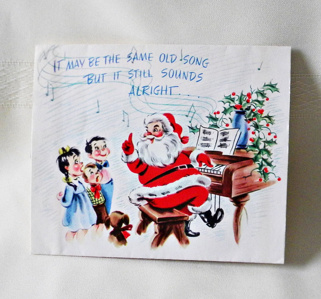Vintage Christmas Card 50s Santa Playing Piano, Pop Up. Children ...