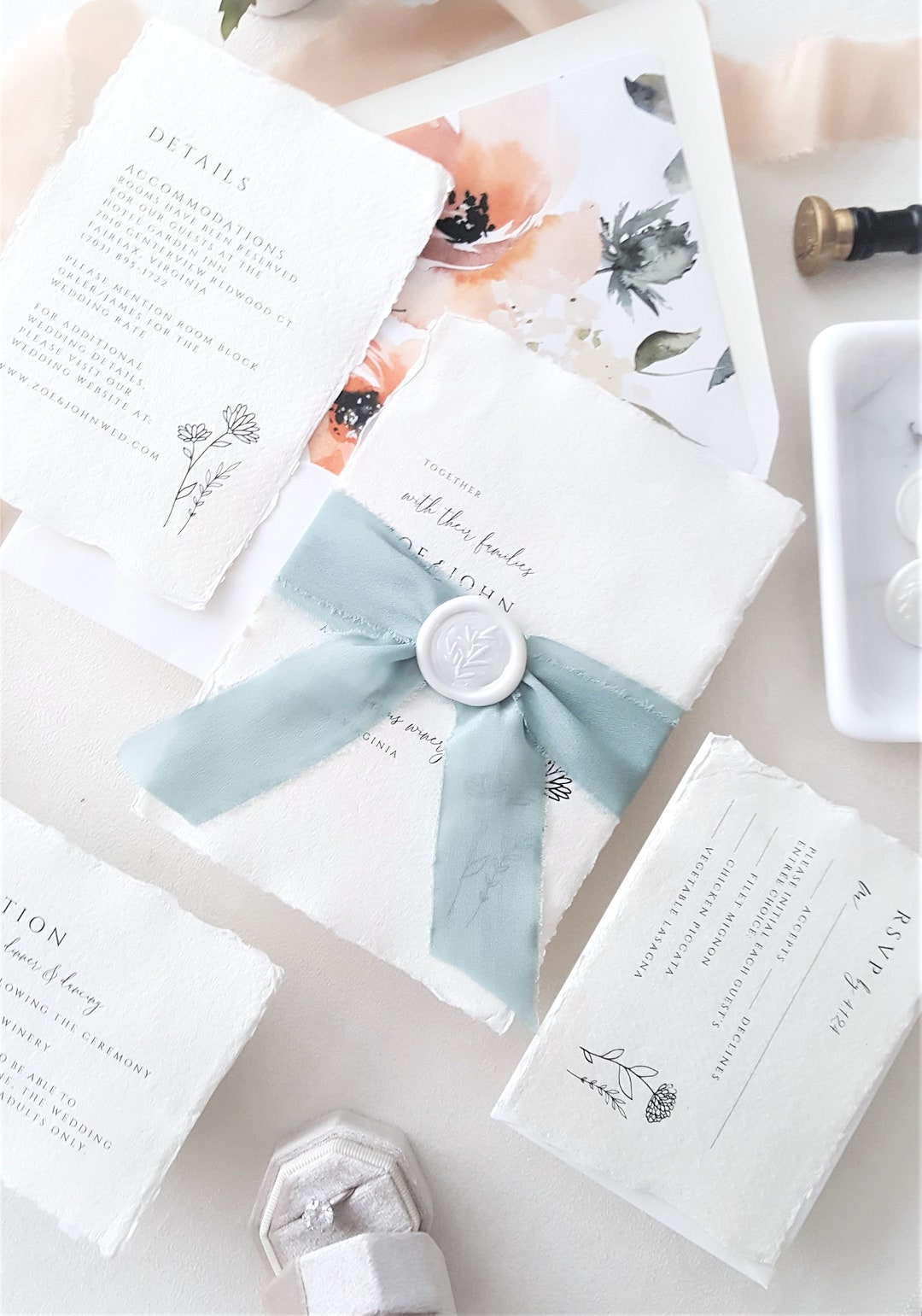 Wildflowers Wedding Invitation Mint and Peach Bohemian - Etsy