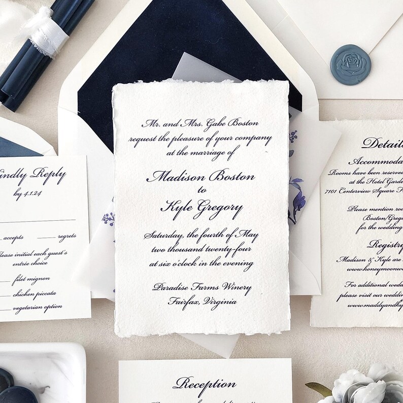Navy & Dusty Blue Floral Wedding Invitation Suite | Printed on Handmade ...