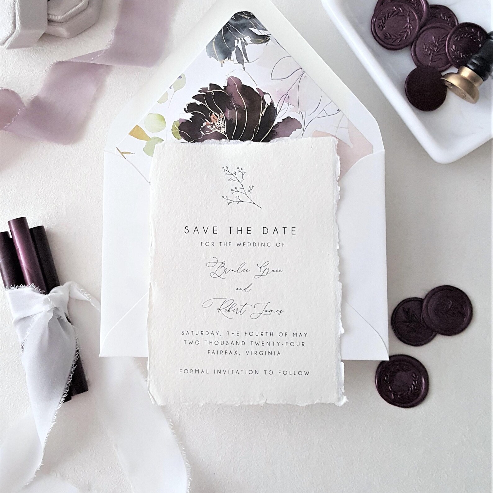 Handmade Paper Save the Date Card, Purple Wedding, Botanical Monogram ...