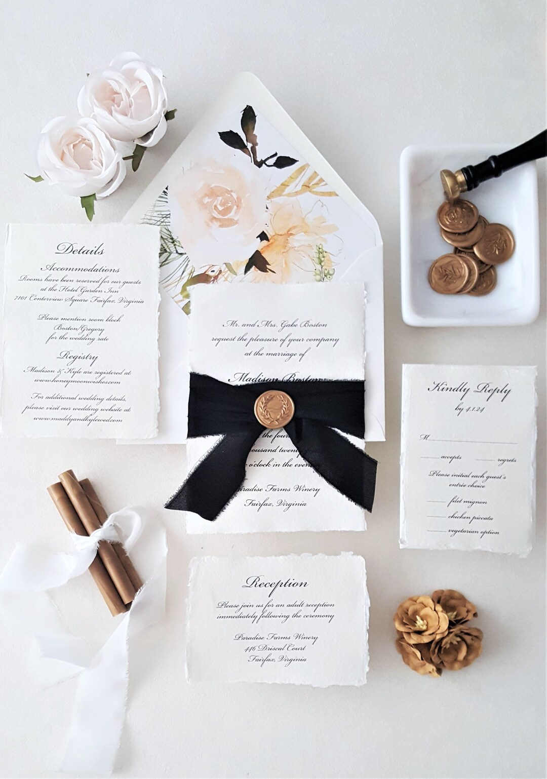 Gold and Black Cursive Wedding Invitation Suite, Elegant Calligraphy ...