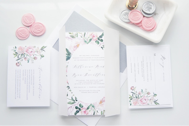 Blush and Green Floral Invitation Suite, Botanical Flower Invites ...