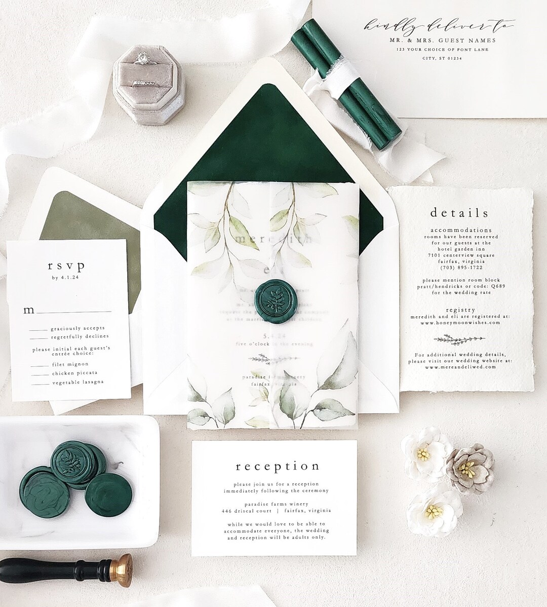 Minimal Greenery Wedding Invitations, Printed Vellum, Leaf Foliage ...