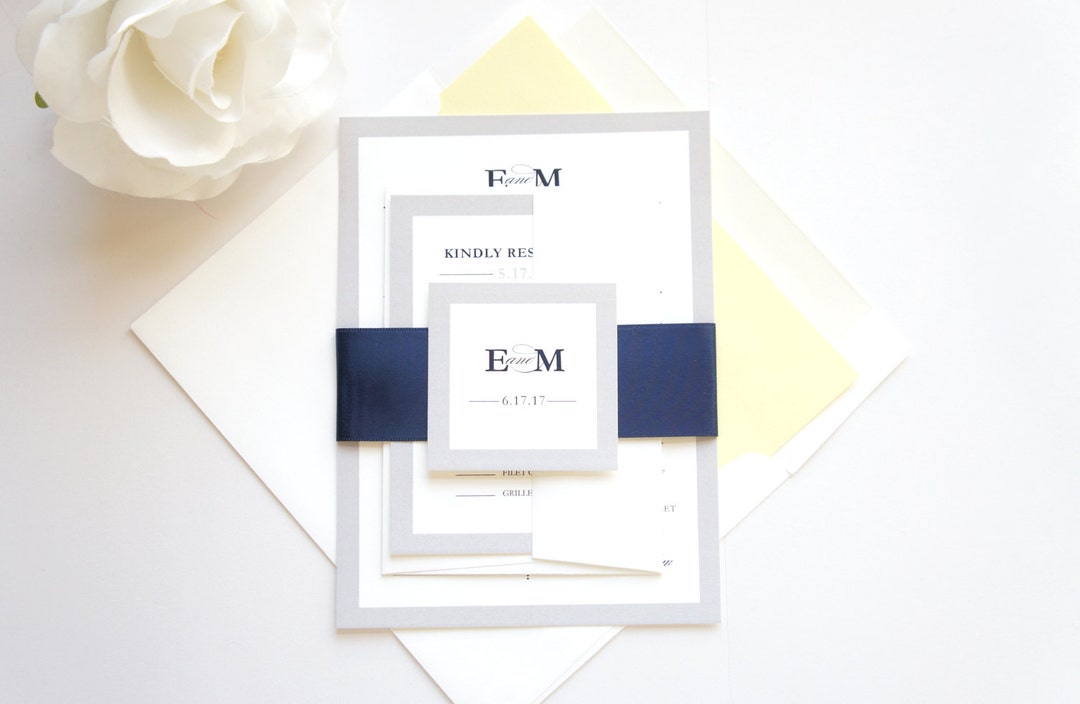 Yellow Wedding Invitations, Modern Wedding Invite Set, Navy Blue ...
