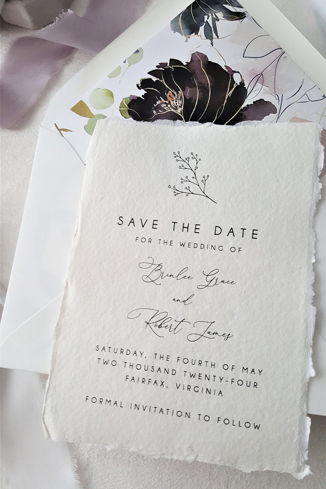 Handmade Paper Save the Date Card, Purple Wedding, Botanical Monogram ...