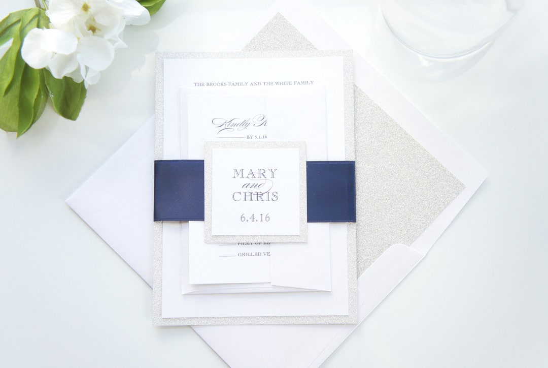 Navy Blue and Silver Wedding Invitation, Layered Invite Suite, Elegant ...