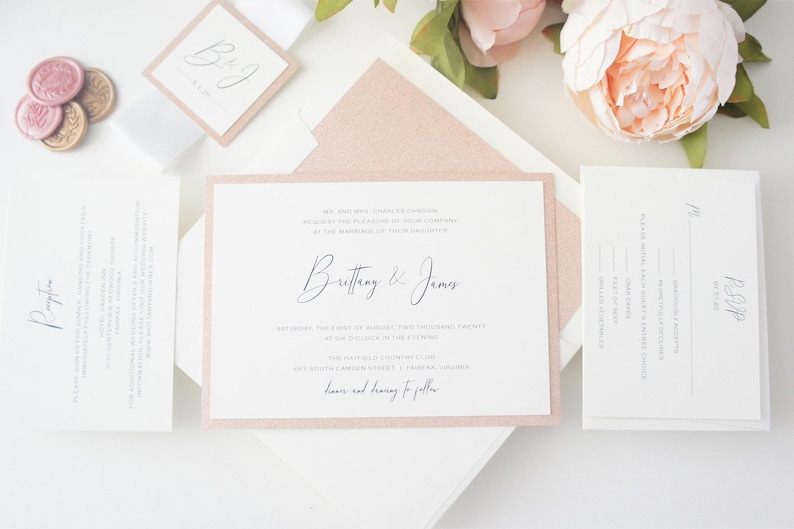Blush Pink Wedding Invitation Set: Rose Gold Glitter Backing Layered ...