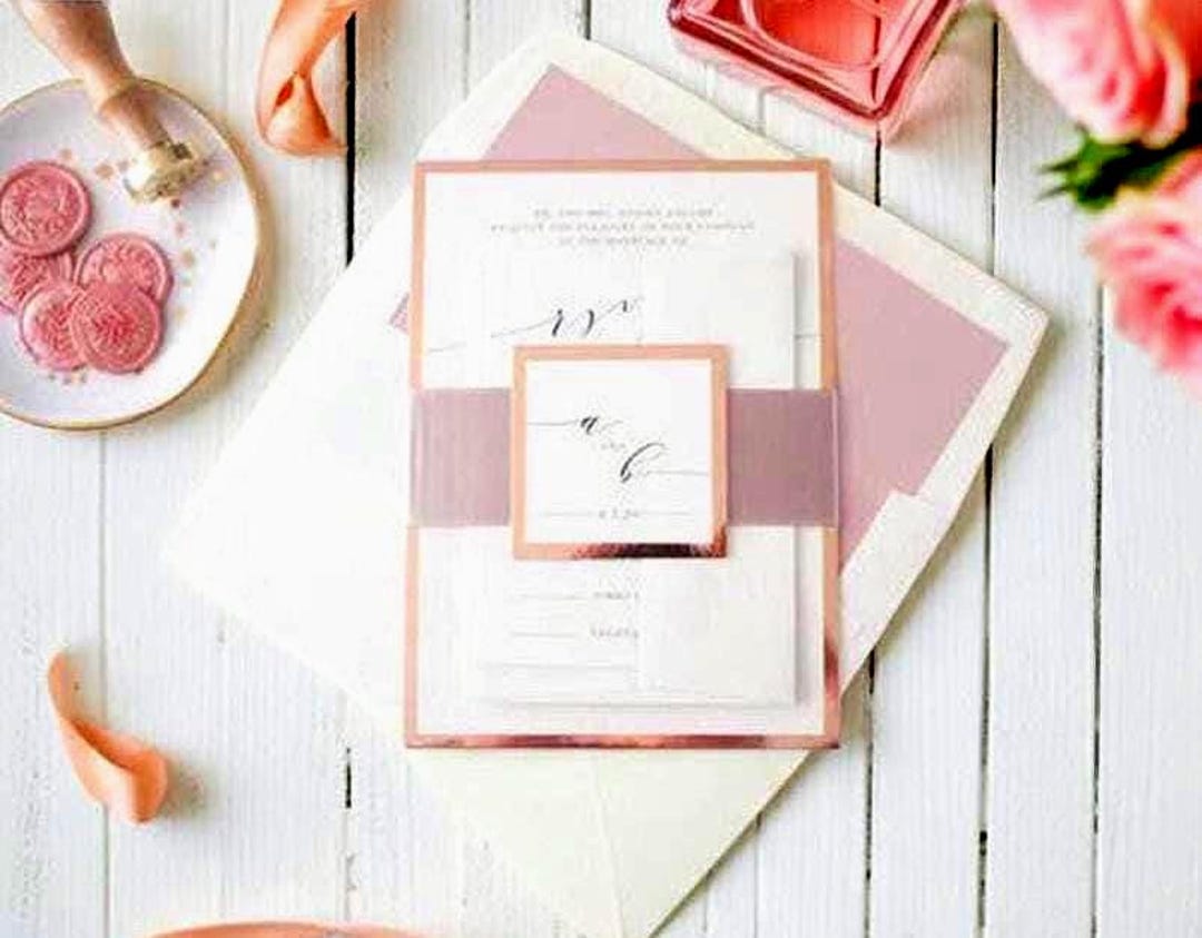 Rose Gold Wedding Invitation Suite Blush Belly Band Layered Design ...