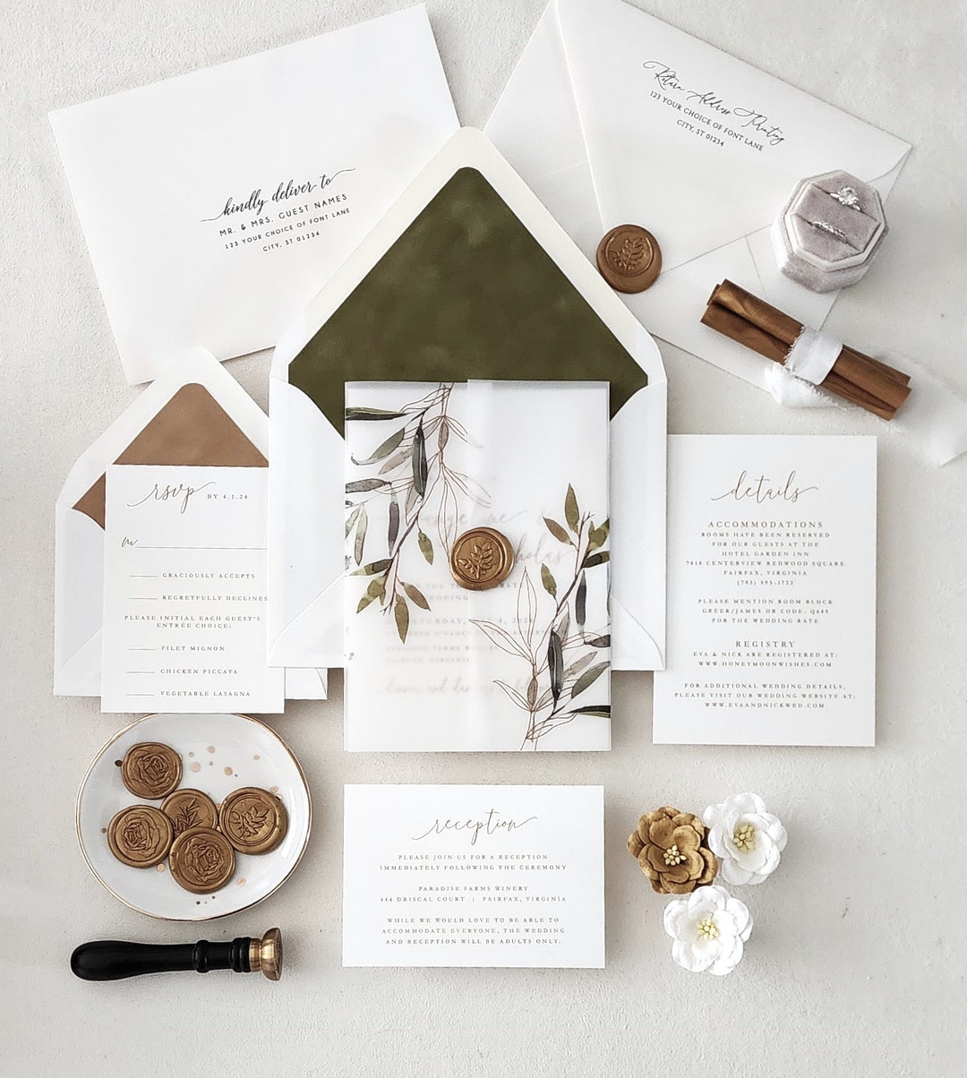 Greenery and Gold Wedding Invitation Suite, Olive Moss Green Wedding ...
