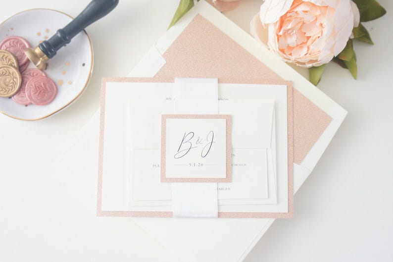 Blush Pink Wedding Invitation Set: Rose Gold Glitter Backing Layered ...