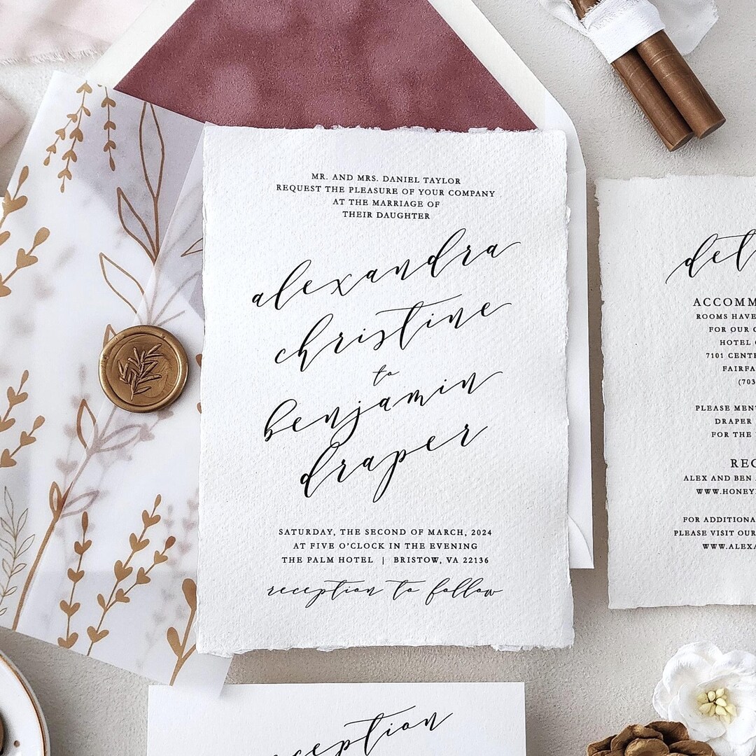 Dusty Rose Wedding Invitation | Gold Wax Seal Wedding Invite | Velvet ...