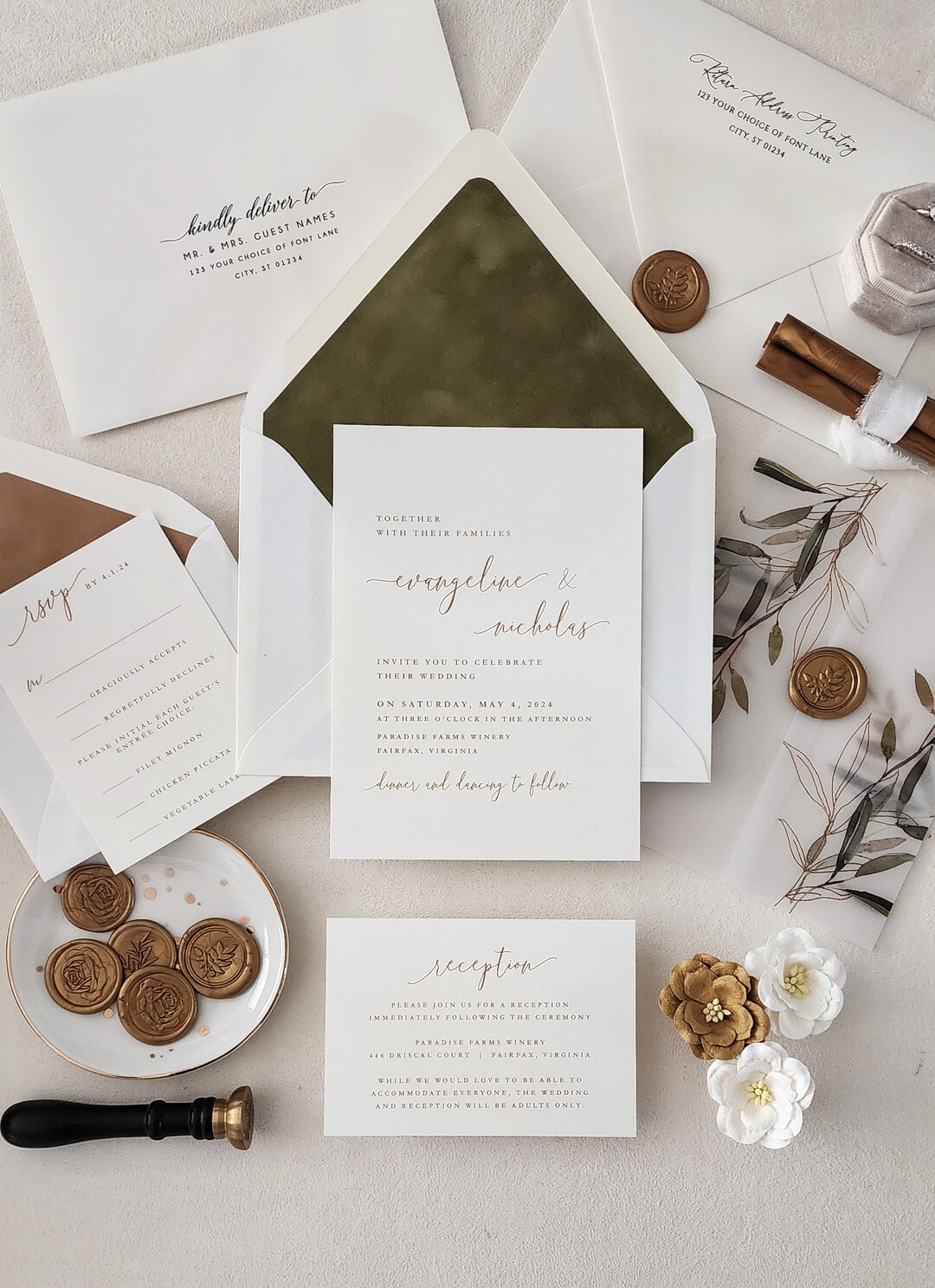 Gold Text Wedding Invitations, Flowing Script Font Invite Suite With Tropical Green and Gold ...